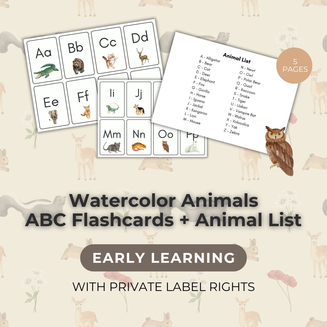 ABC Flashcards (Watercolor Animals) – Homeschool PLR Content